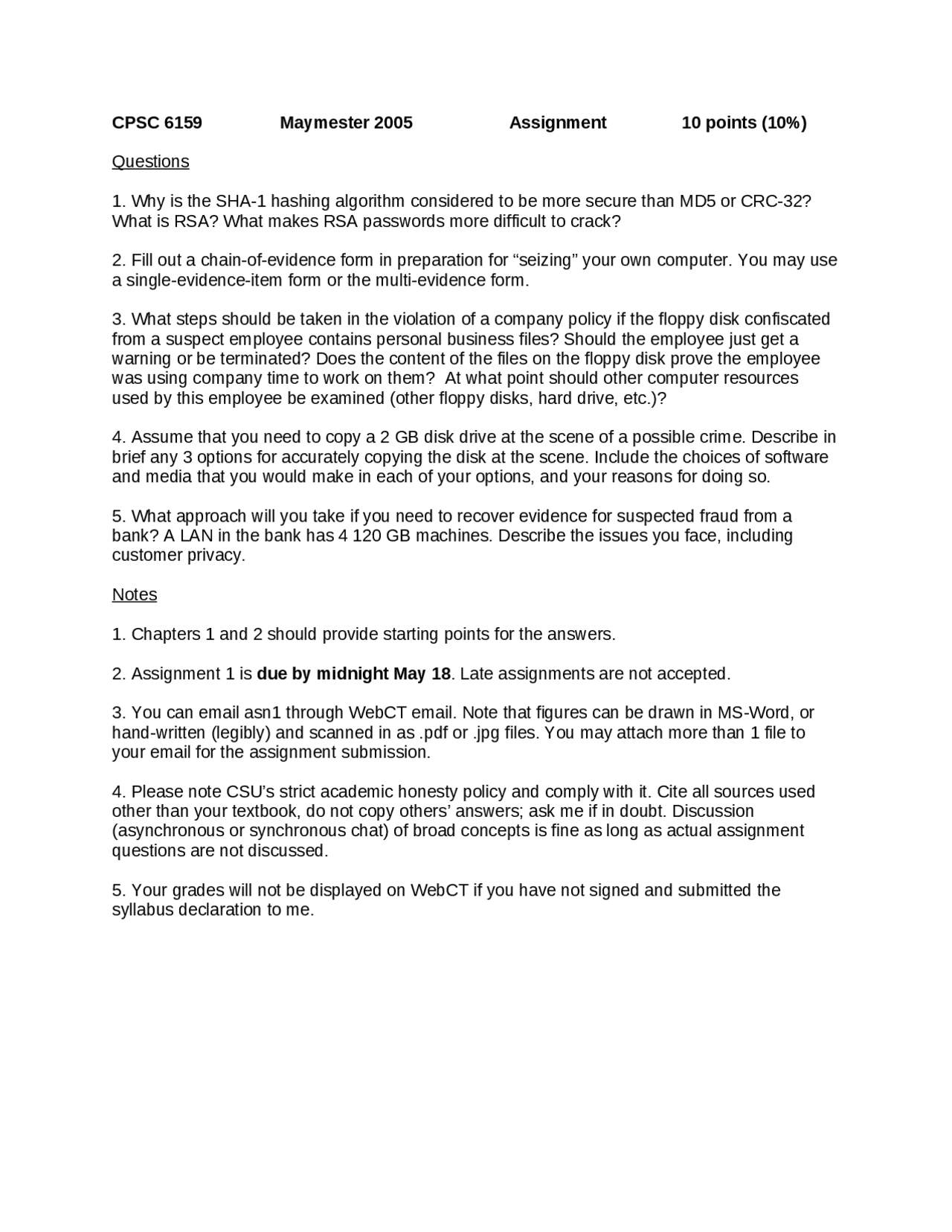 5 Questions On Computer Forensics Assignment 10 Cpsc 6159 Docsity