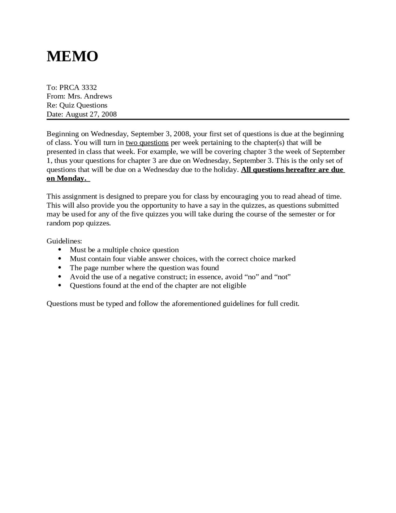 Memo Quiz Questions - Public Relation Event Management | PRCA 3332 ...