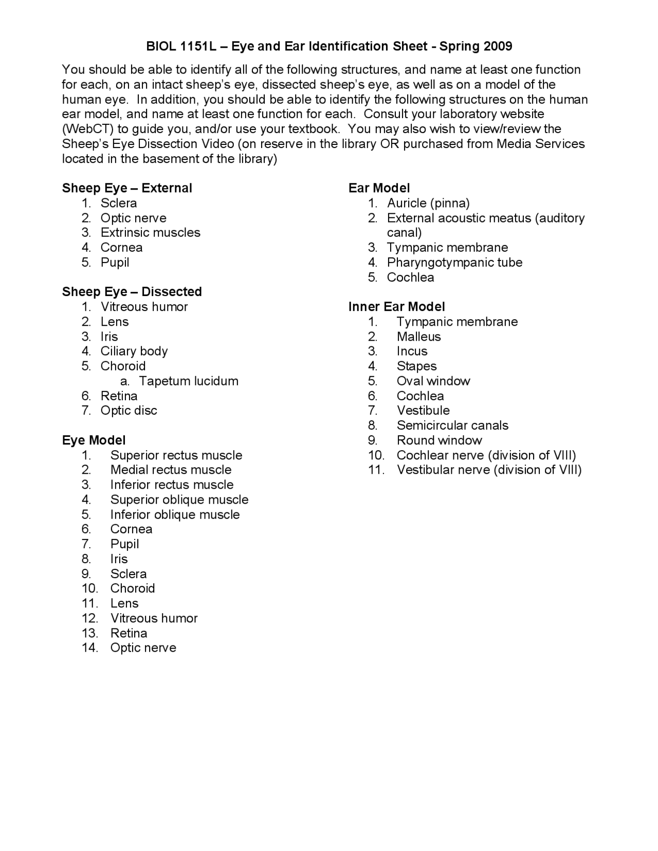 Human Anatomy and Physics Lab I – Eye and Ear Identification Sheet ...