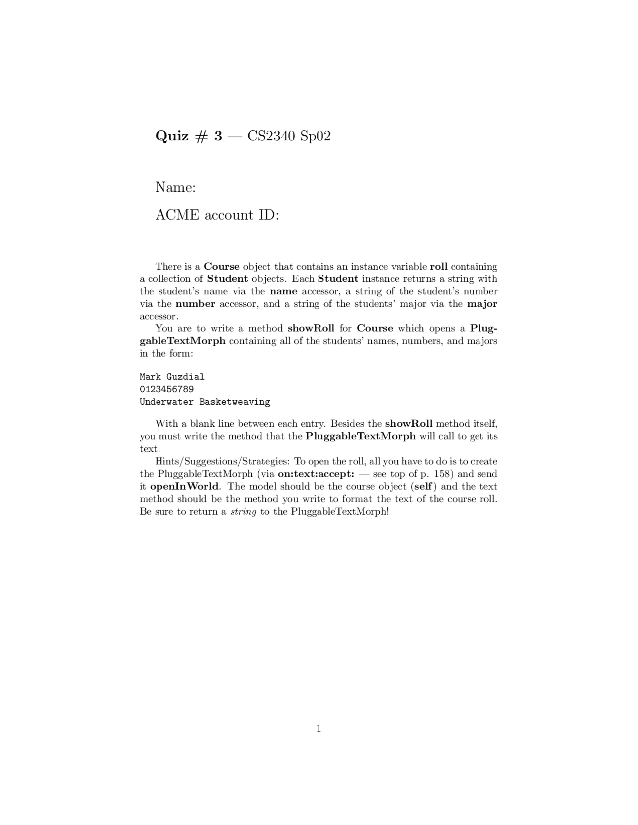 Underwater Basket weaving - Objects and Design | Quiz 3 | CS 2340 - Docsity