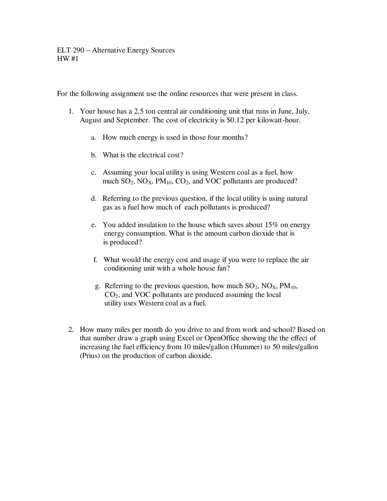 Homework 1 For Alternative Energy Sources Elt 290 Docsity