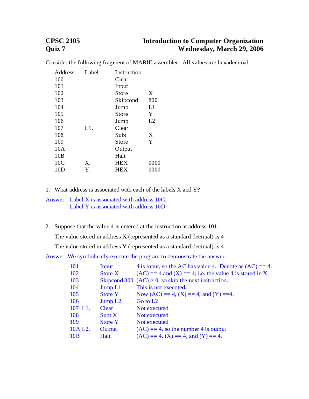 Quiz 7 With Solutions Introduction To Computer Organization Cpsc 2105 Docsity