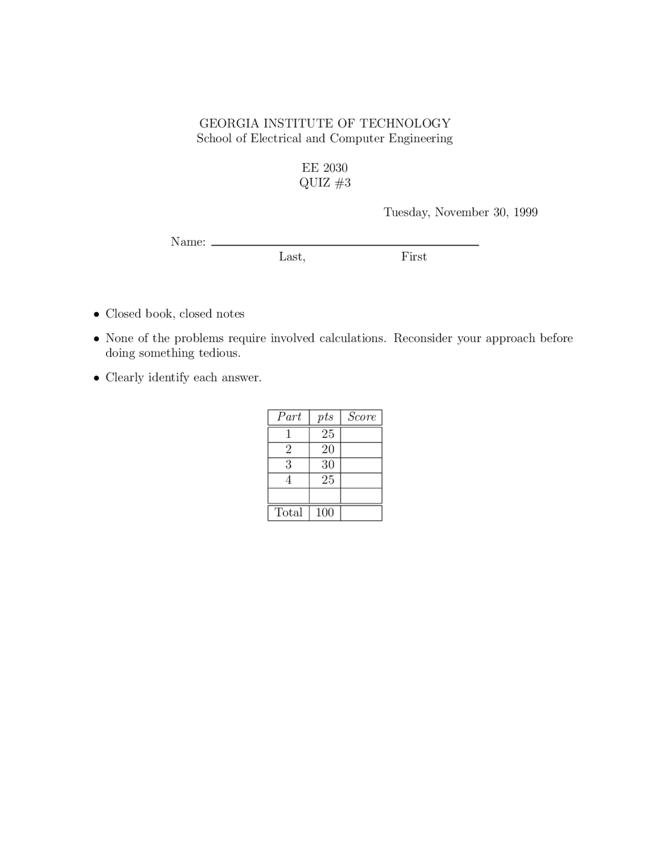 Problems on Introduction to Computer Engineering for Quiz 3 | ECE 2030 | Docsity