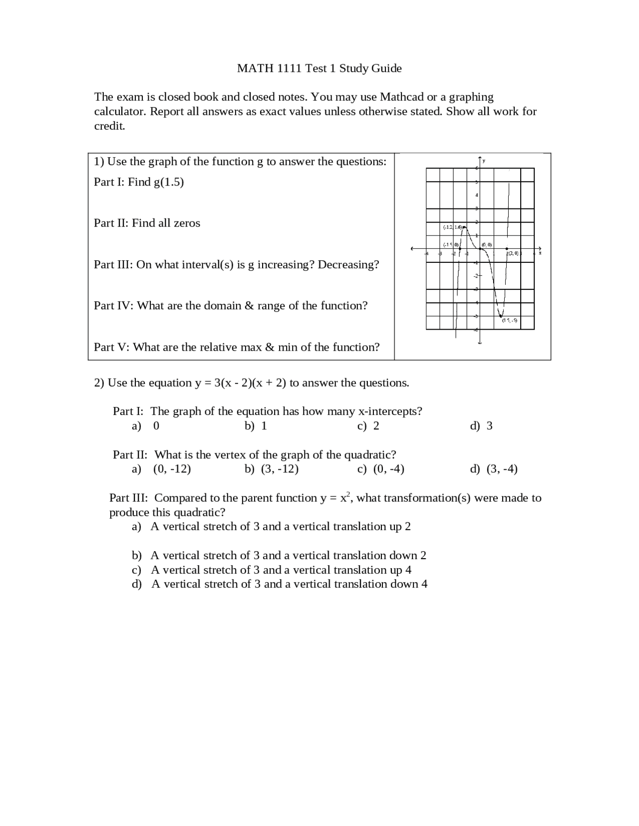 Test 1 Study Guide - College Algebra | MATH 1111 | Exams Algebra | Docsity