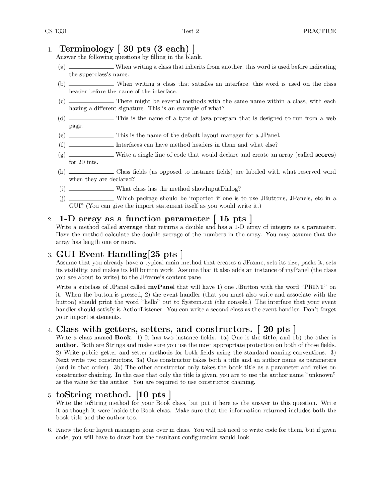 Final Exam 2 Questions For Object Oriented Program Cs 1331 Docsity