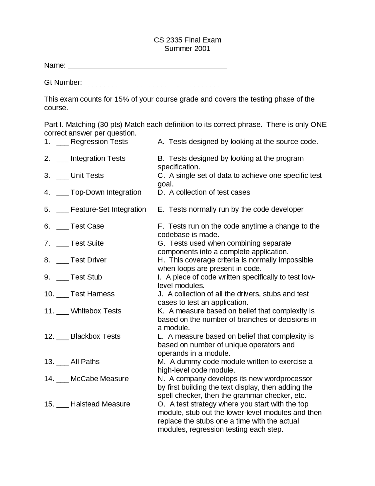 CS 2335 Final Exam - Summer 2001 | Exams Computer Science | Docsity