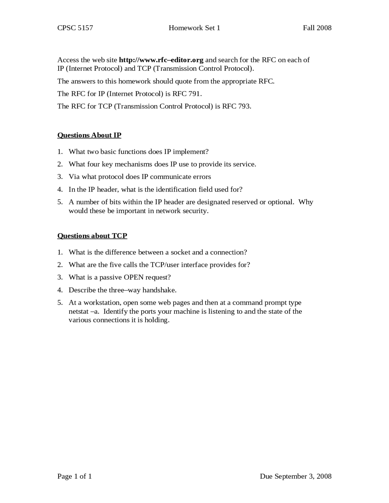 Computer Networks Homework Set 1 Cpsc 5157u Docsity