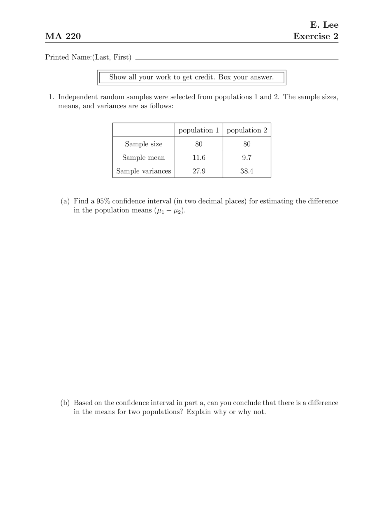 Exercise 2 For Statistical Methods Ma 220 Docsity