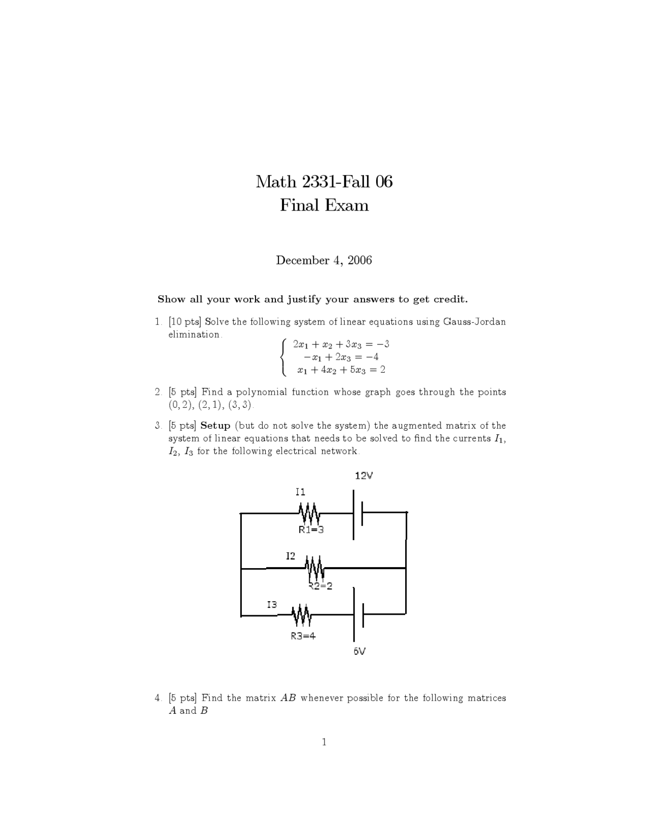 20 Questions In Final Exam Elementary Linear Algebra Math 2331