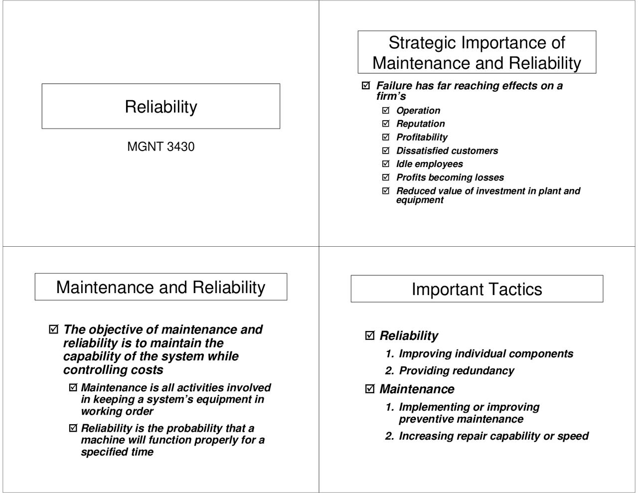 Lecture Slides On Reliability Operations Management Mgnt 3430 Docsity