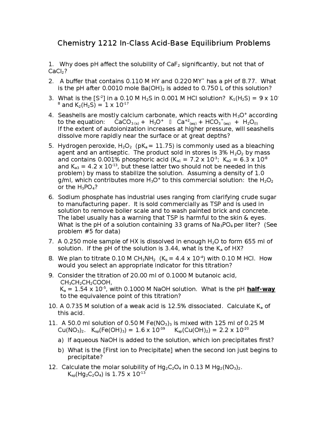 Principles Of Chemistry I Acid Base Equilibrium Problems Chem 1212
