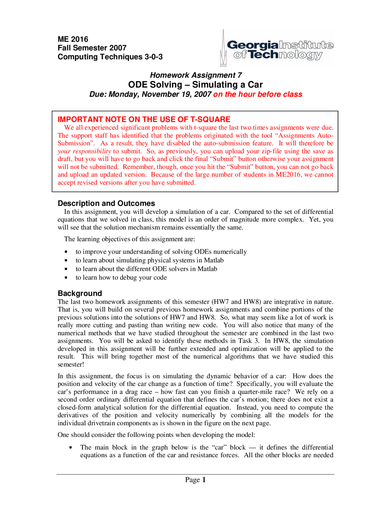Car Simulation: ODE Solving Assignment for ME2016, Fall Semester 2007 - Prof. Ejiang Ding ...