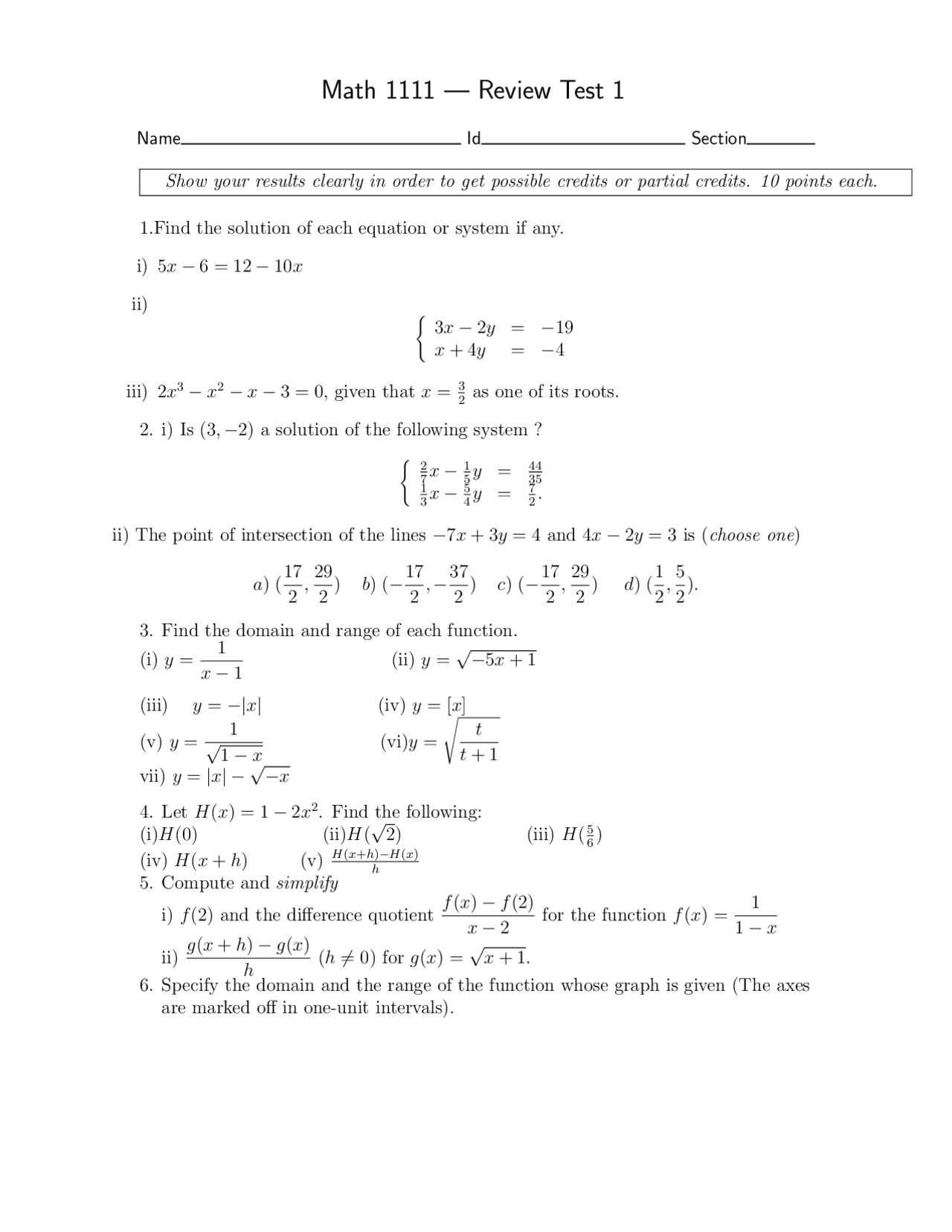 Review for Test 1 - College Algebra-Hybrid | MATH 1111 - Docsity