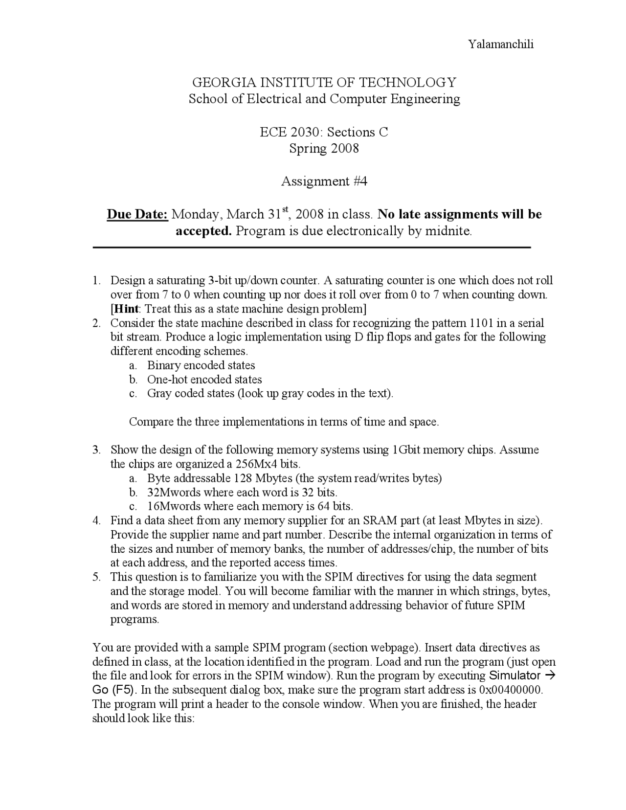 Assignment 4 - Questions of Introduction to Computer Engineering | ECE 2030 - Docsity