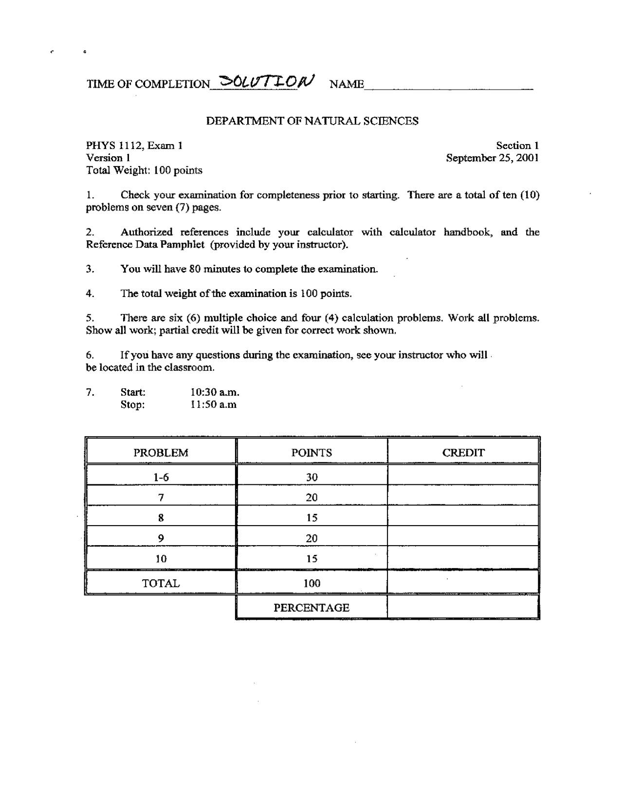Exam 1 Questions With Solution Introductory Physics Ii Phys 1112