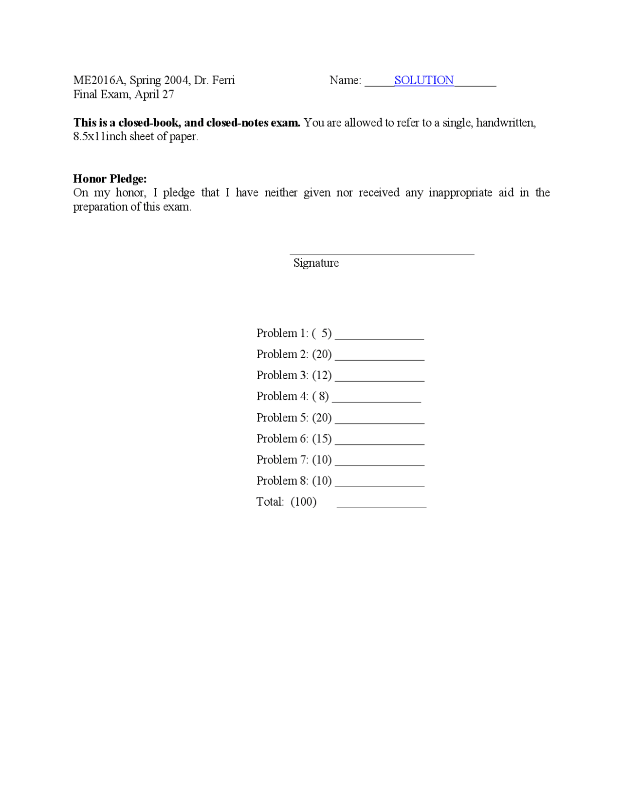 Final Exam With Solutions Computing Techniques Me 2016 Docsity