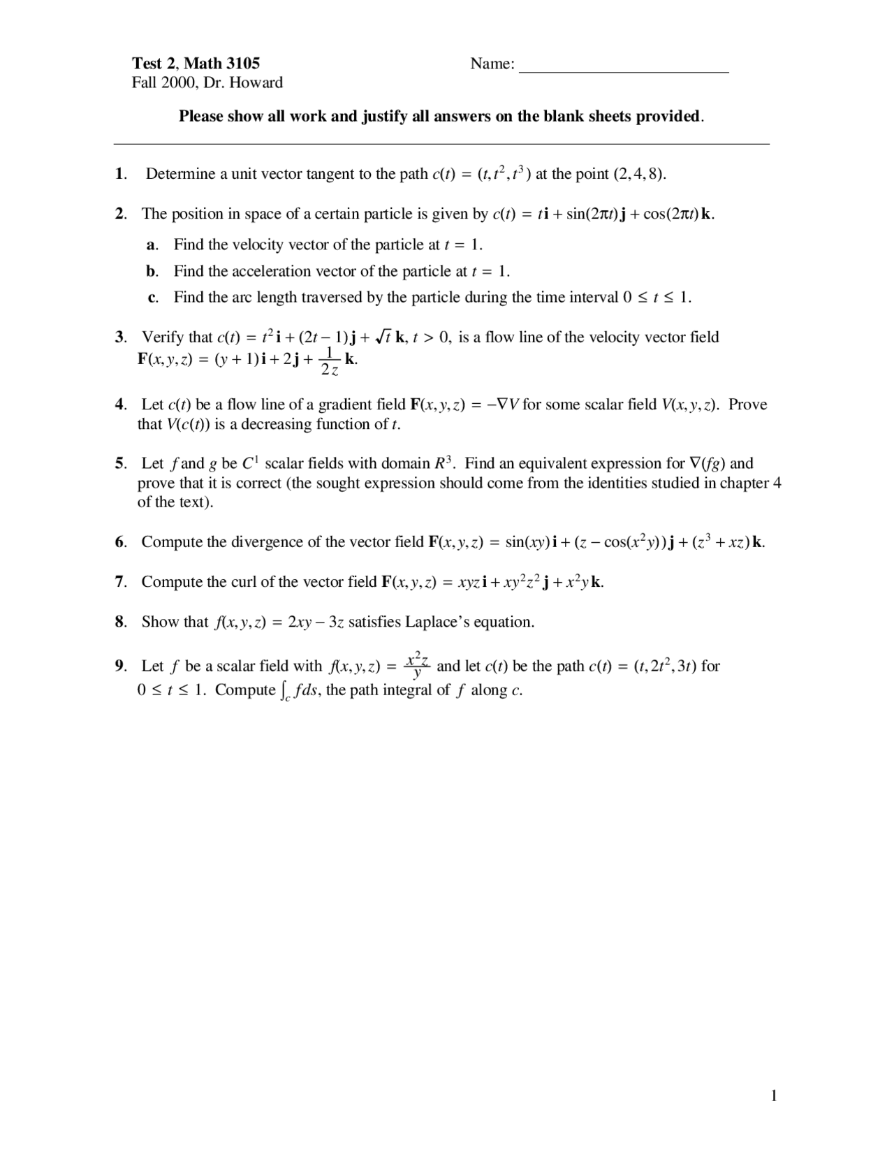 9 Questions on Vector Tangent and Divergence of Vector Field - Exam 2 ...