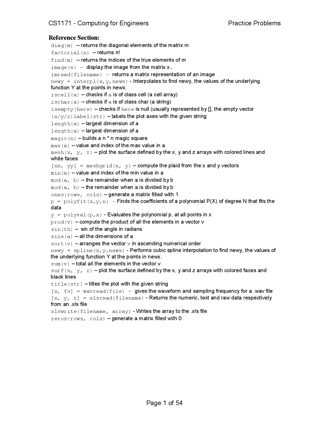 Computing For Engineers Midterm Exam Practice Problems Cs 1171