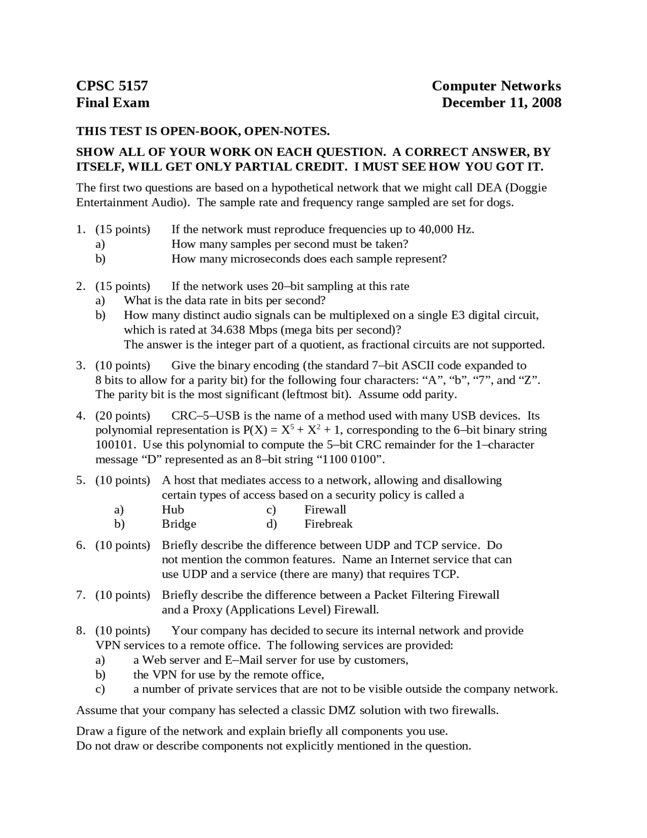 8 Problems On Computer Networks Final Examination Cpsc 5157u Docsity