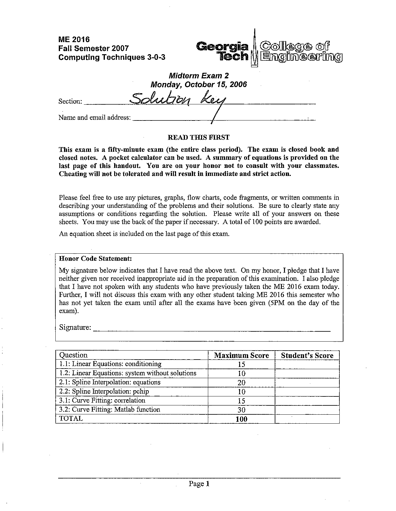 Solutions Key For Exam 2 Computing Techniques Me 2016 Docsity