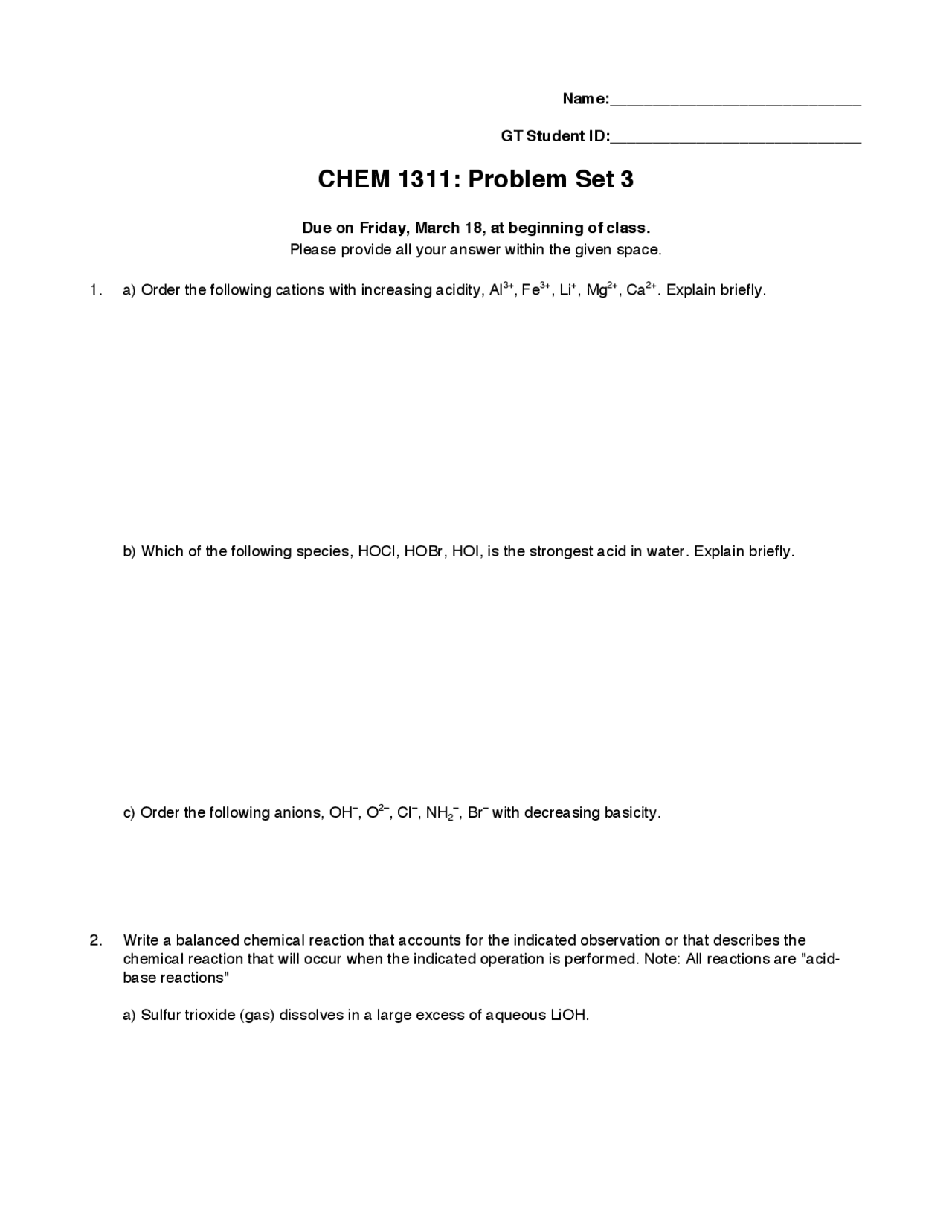 Chemistry Problem Set 3: Acid-Base Equilibria and Cation/Anion ...