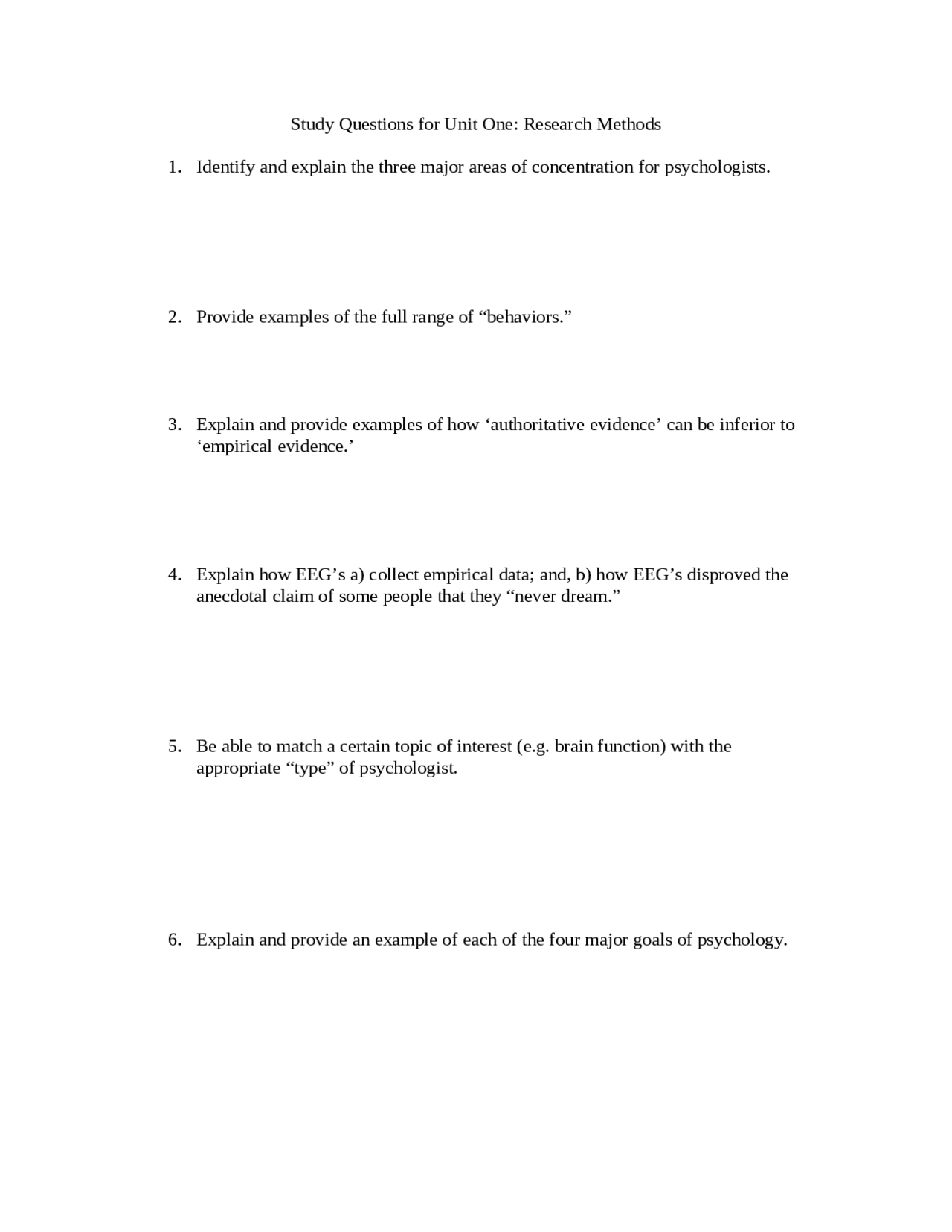 Research Methods - Introduction to Psychology - Study Questions | PSY ...