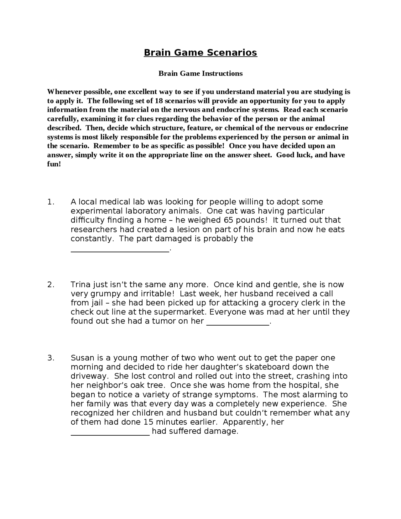 Brain Game Scenarios - Introduction to General Psychology - Assignment ...