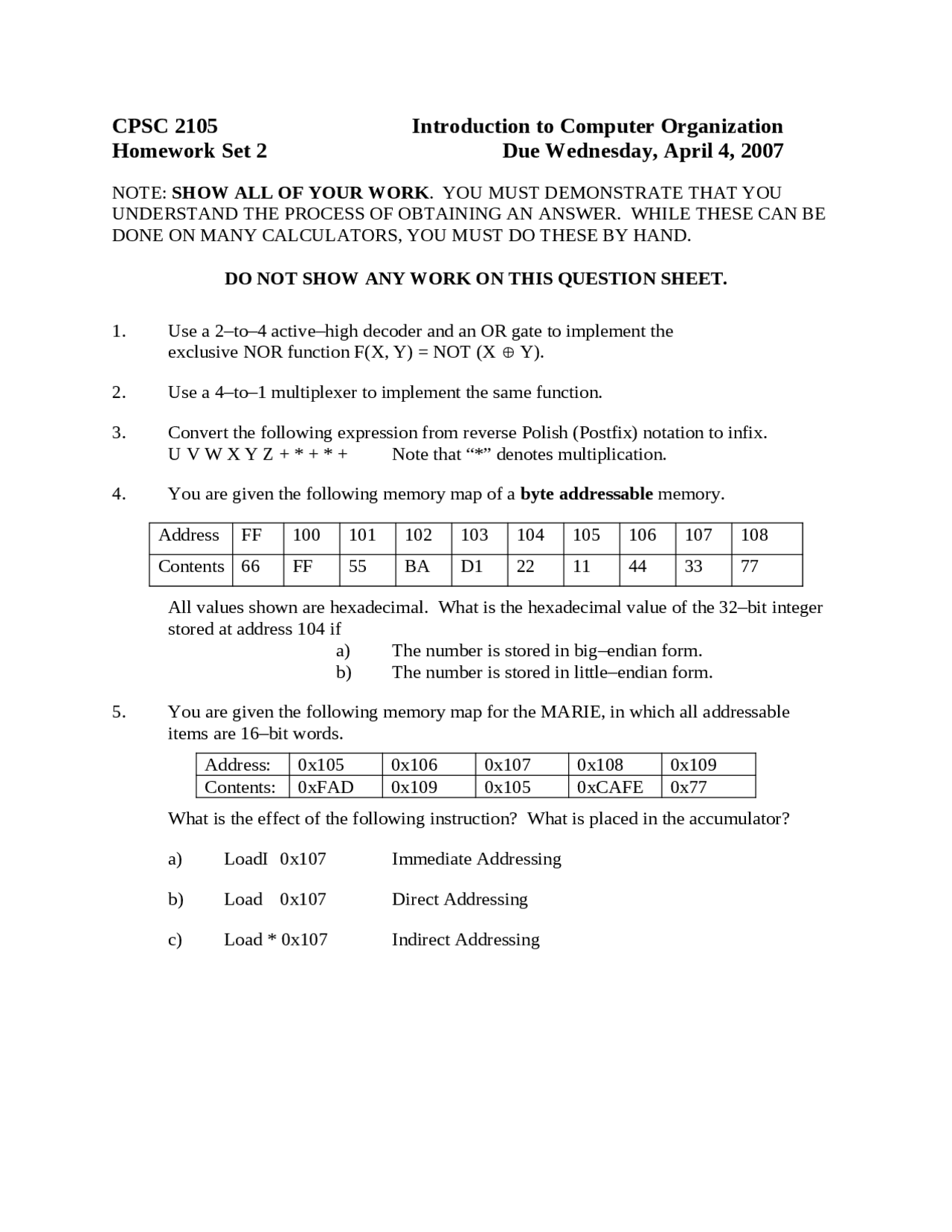 Homework Set 2 On Computer Organization Cpsc 2105 Docsity
