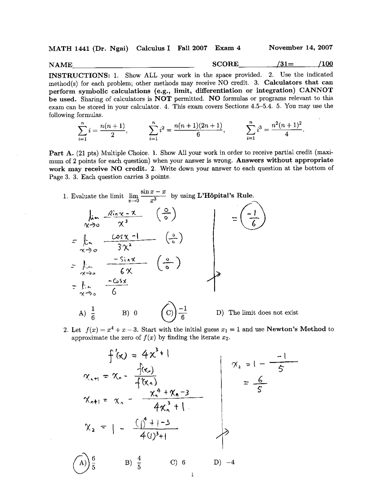 9 Solved Questions To Evaluate The Limits Exam 4 Math 1441 Docsity