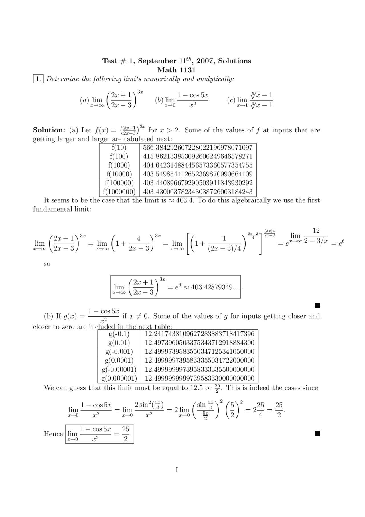 Test 1 With Solutions Calculus With Analytic Geometry 1 Math 1131