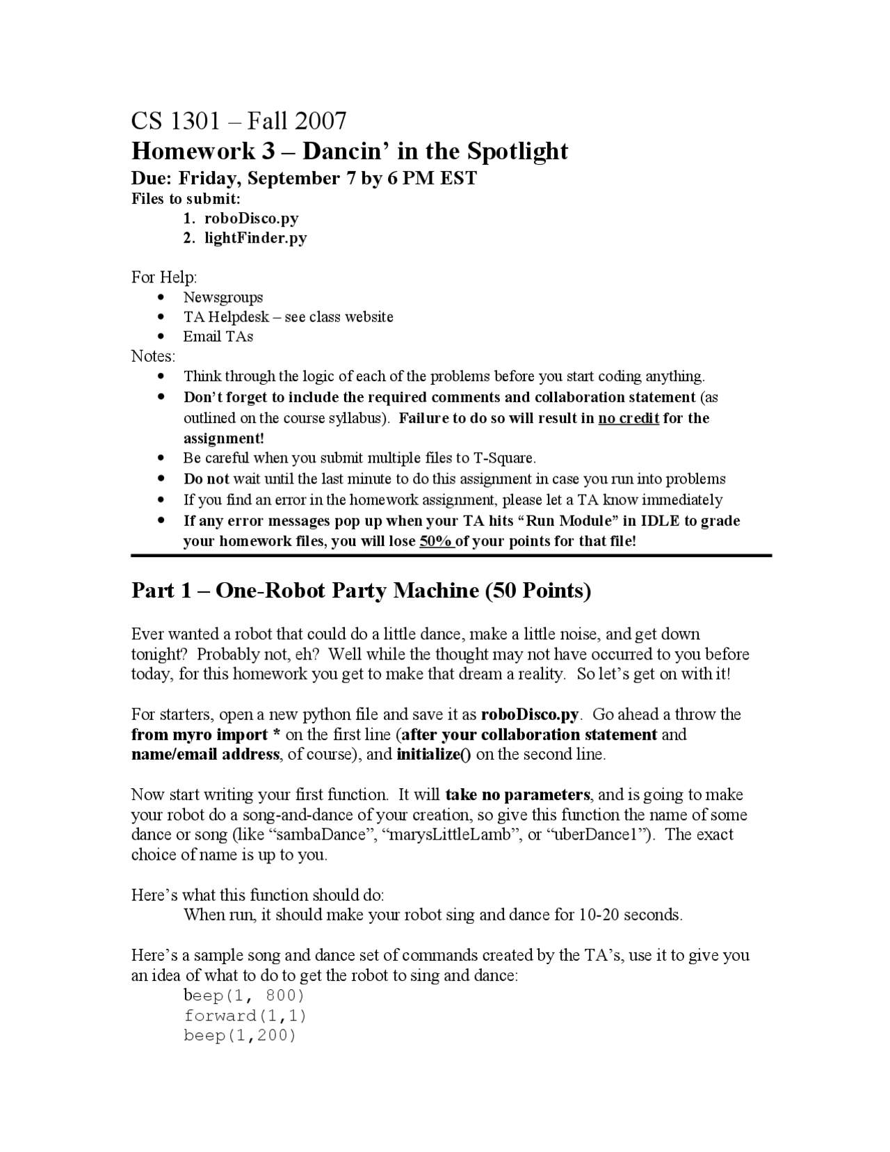 Cs 1301 Fall 2007 Homework 3 Creating Robot Dances And Finding Light Assignments Computer