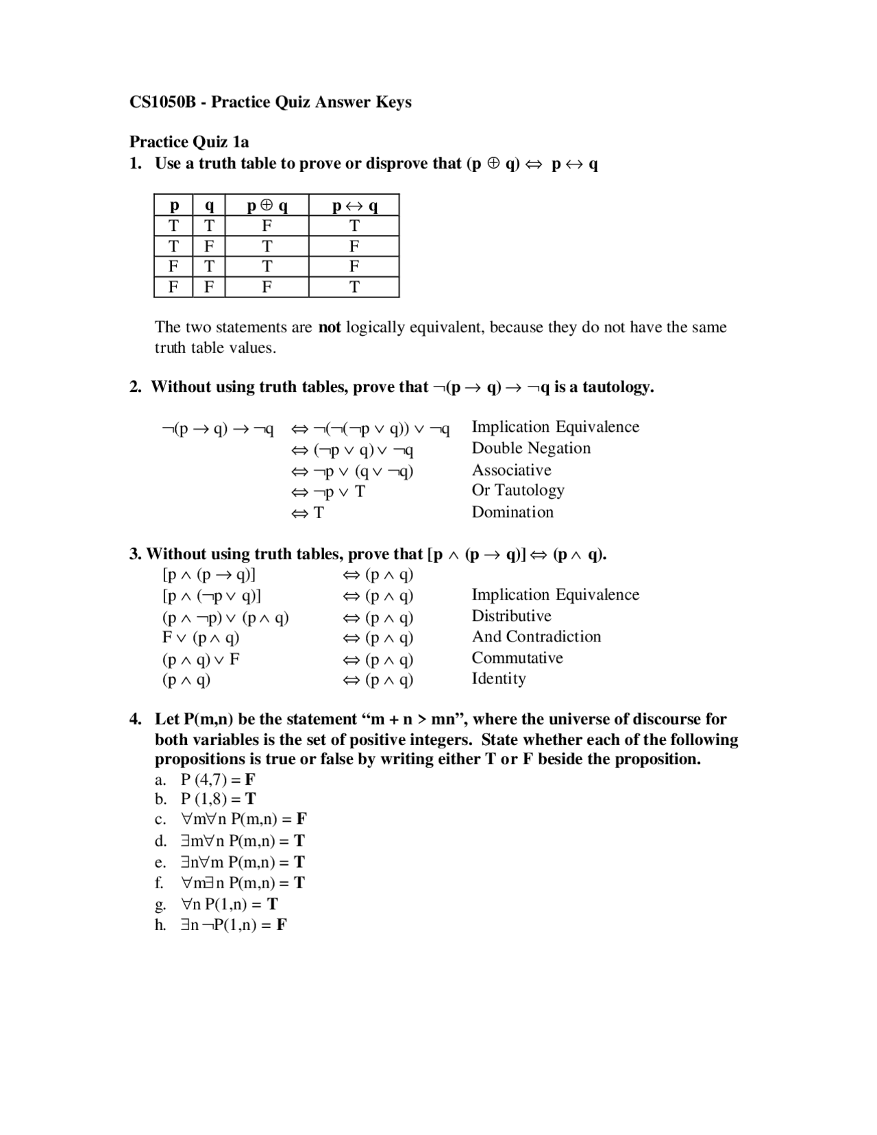 Practice Quiz With Answer Key Constructing Proofs Cs 1050 Docsity