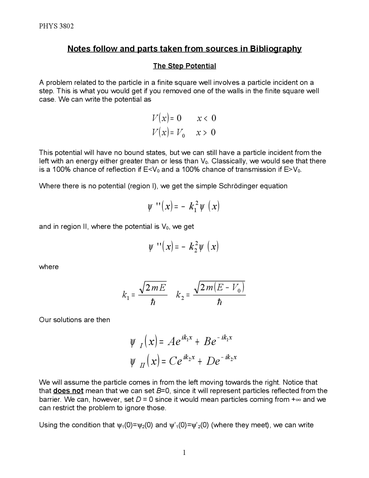 The Step Potential from Sources in Bibliography | PHYS 3802 - Docsity