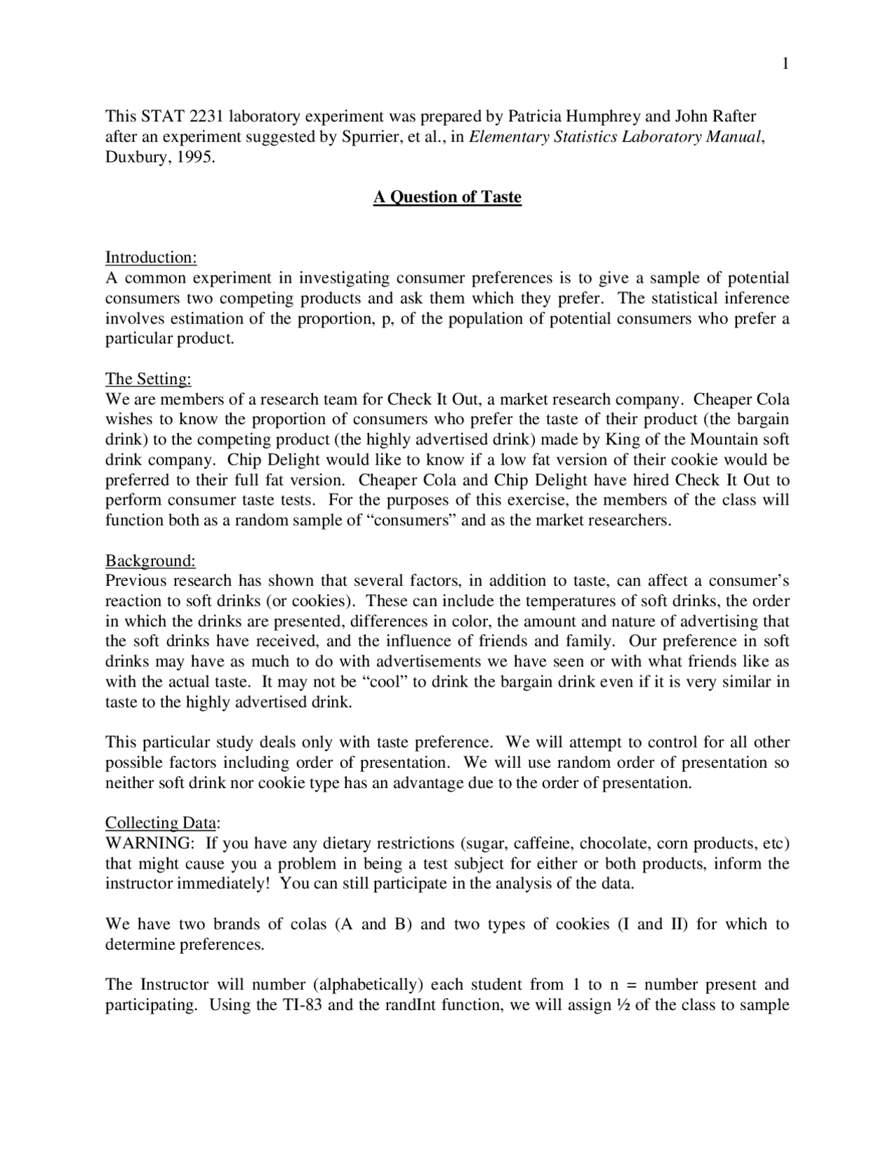 A Question Of Taste And Data Analysis Introduction To Statistics I Stat 2231 Docsity