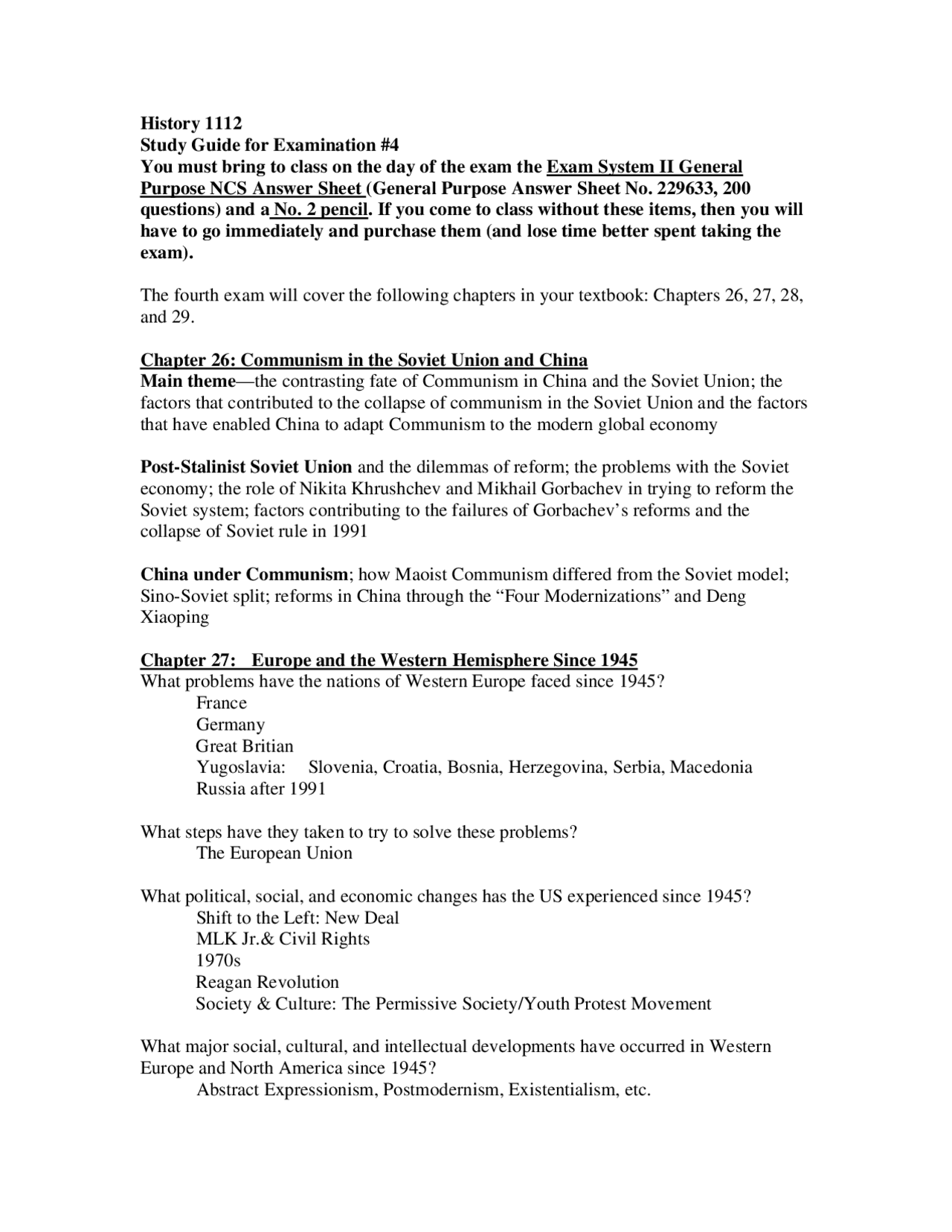 Study Guide for History 1112 Exam #4: Chapters 26-29 - Prof. Jonathon ...