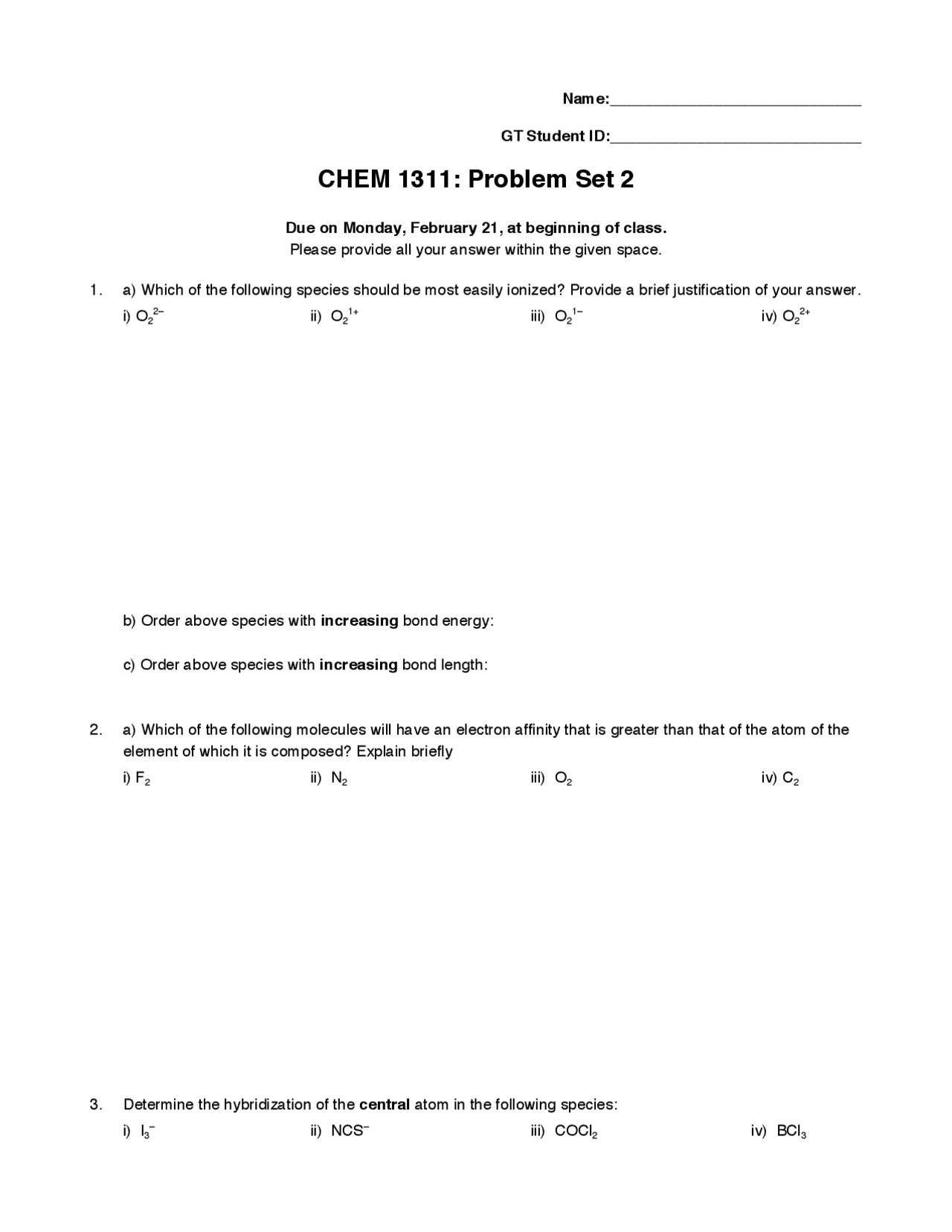 Problem Set 2 Assignment For Inorganic Chemistry I Chem 1311 Docsity