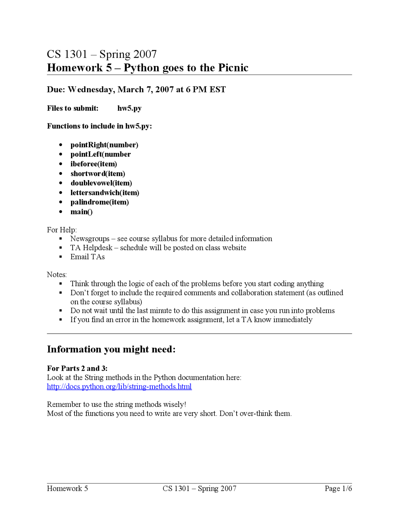 Python Picnic Game Homework - CS 1301 Spring 2007 | Assignments Computer Science | Docsity