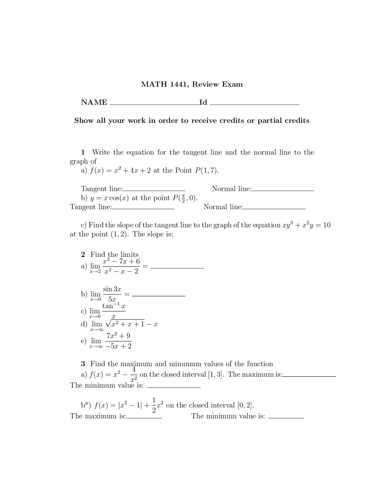 Review Questions Of Calculus I Examination Math 1441 Docsity