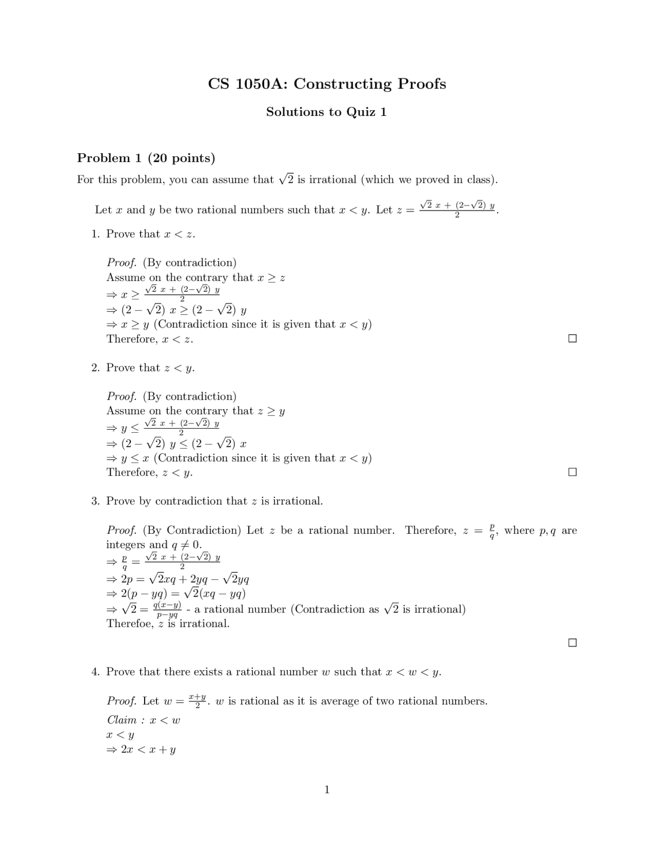 CS 1050A: Constructing Proofs - Quiz 1 Solutions | Quizzes Computer ...