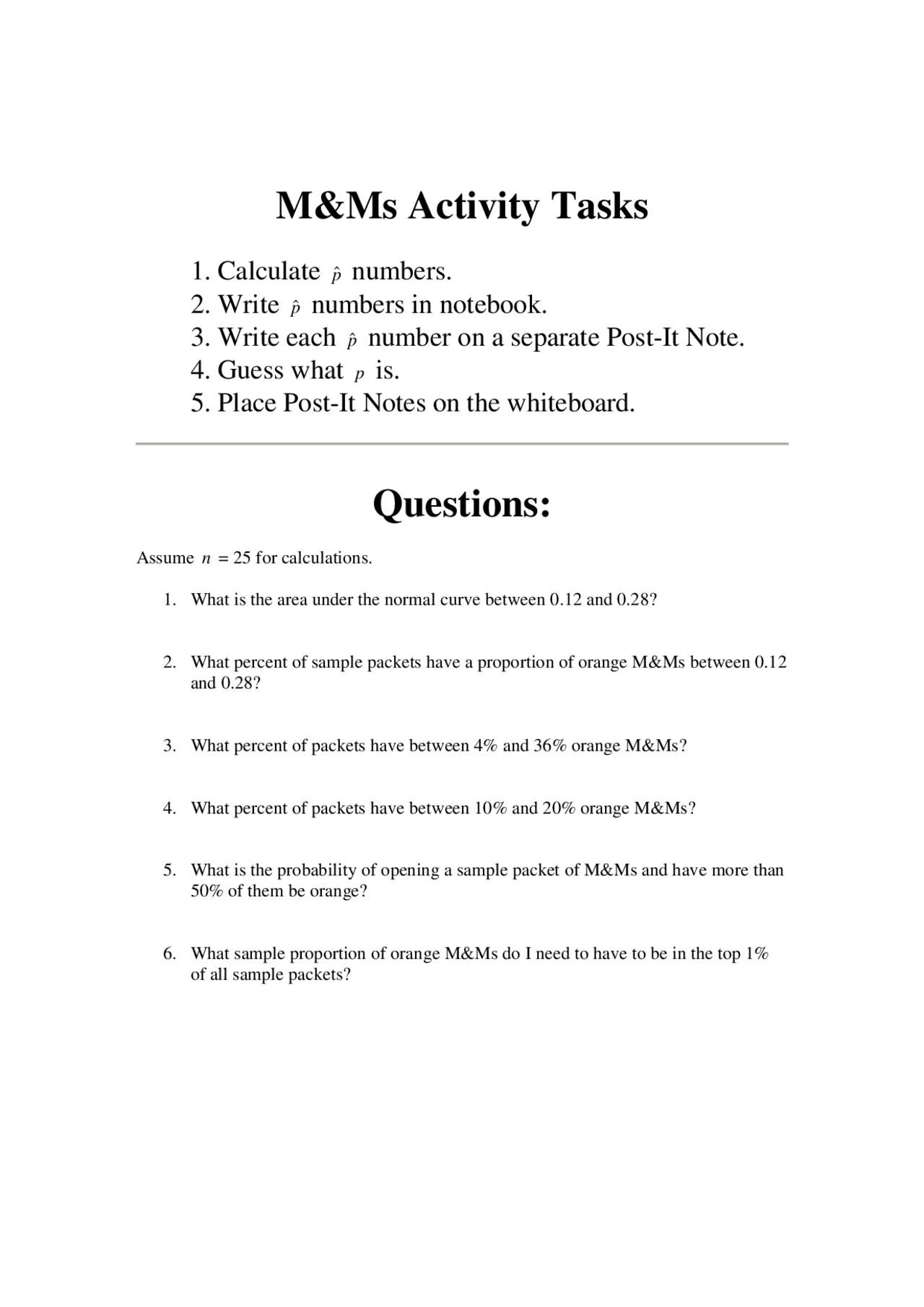 M and Ms Activity Tasks - Statistical Methods | STA 2023 - Docsity