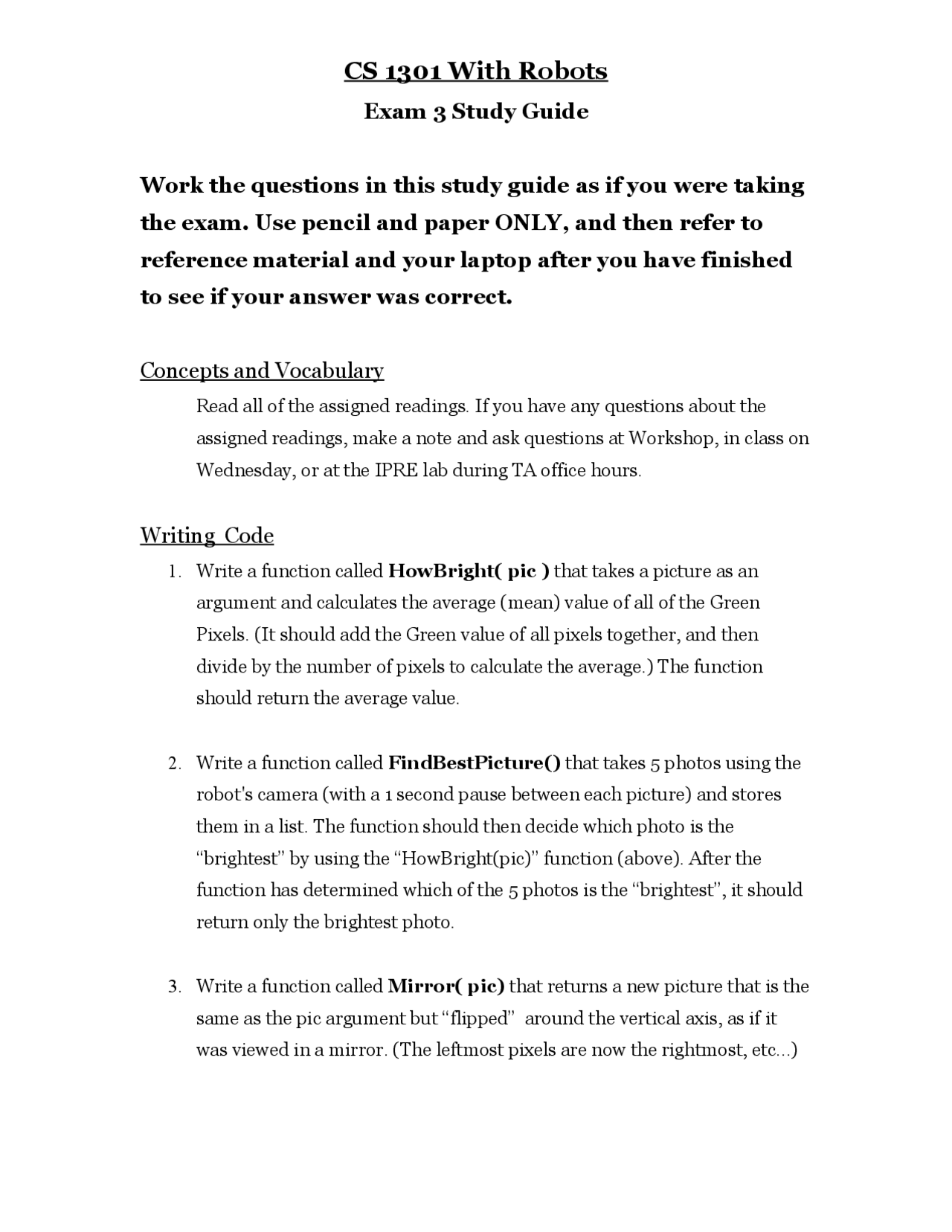 Computer Science With Robots Introduction To Computing Exam 3 Cs 2721