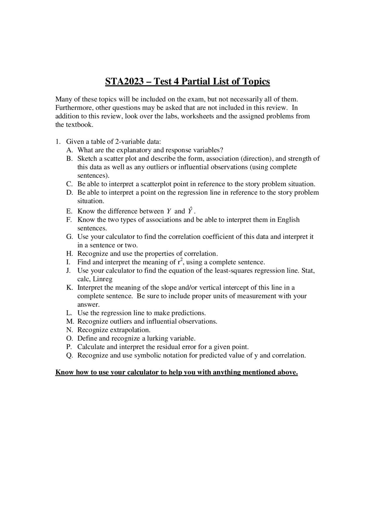 Test 4 Partial List Of Topics Statistical Methods Sta 2023 Docsity
