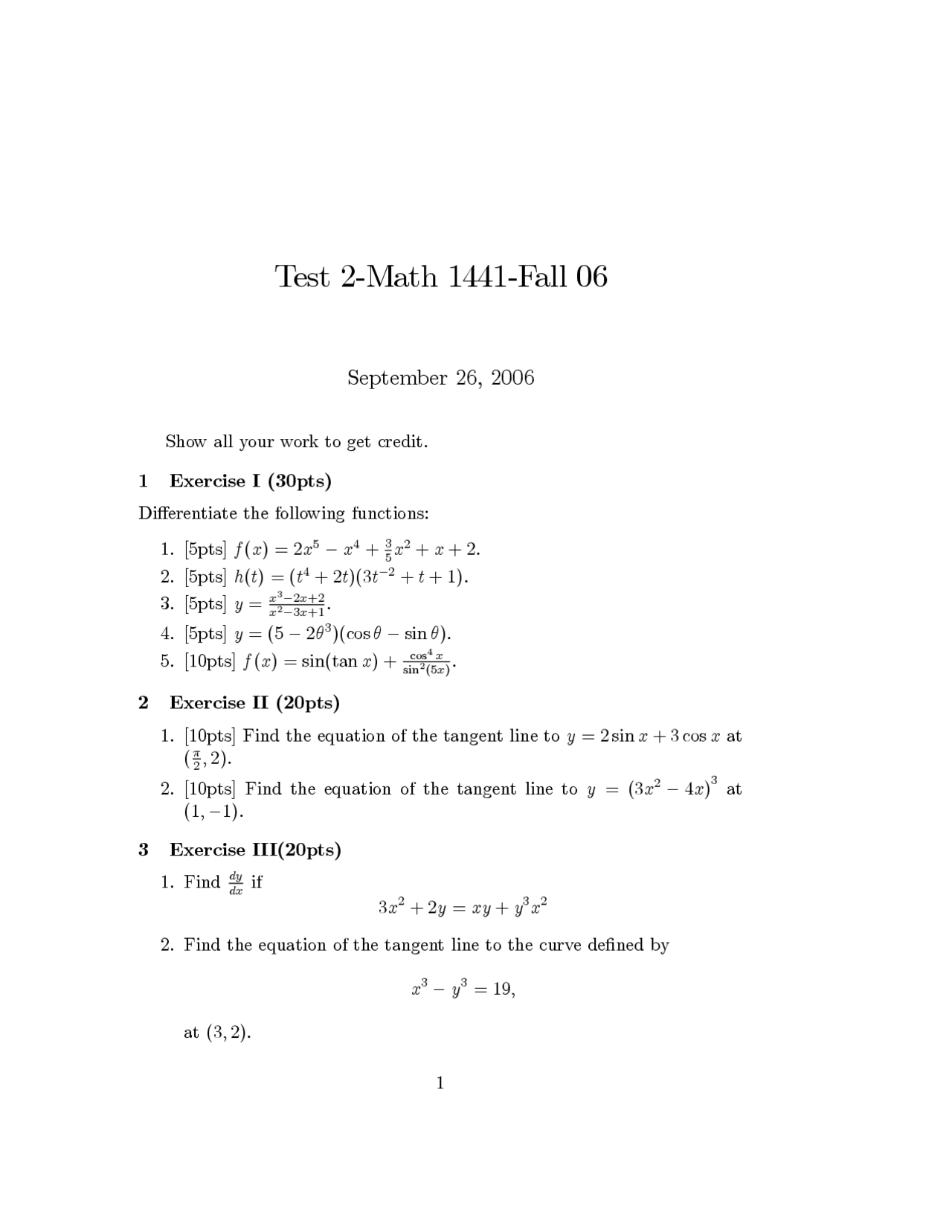 12 Problems In Exercises Calculus I Examination 2 Math 1441 Docsity