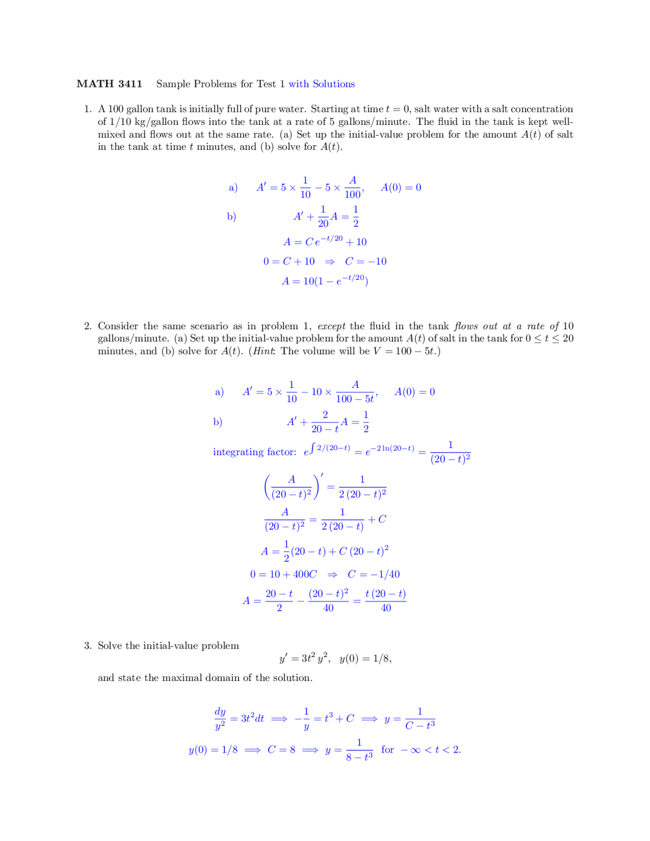 Sample Problems for Test 1 with Solutions - Differential Equations ...