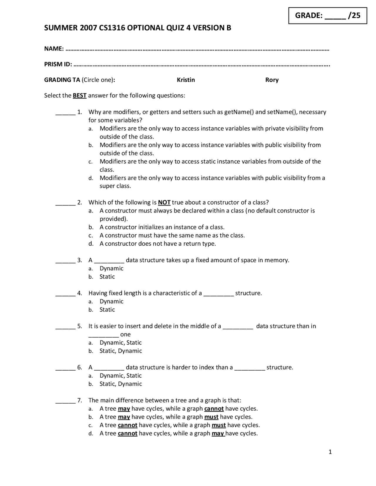 25 Questions For Quiz 4 Representing Structures Of Behavior Cs 1316