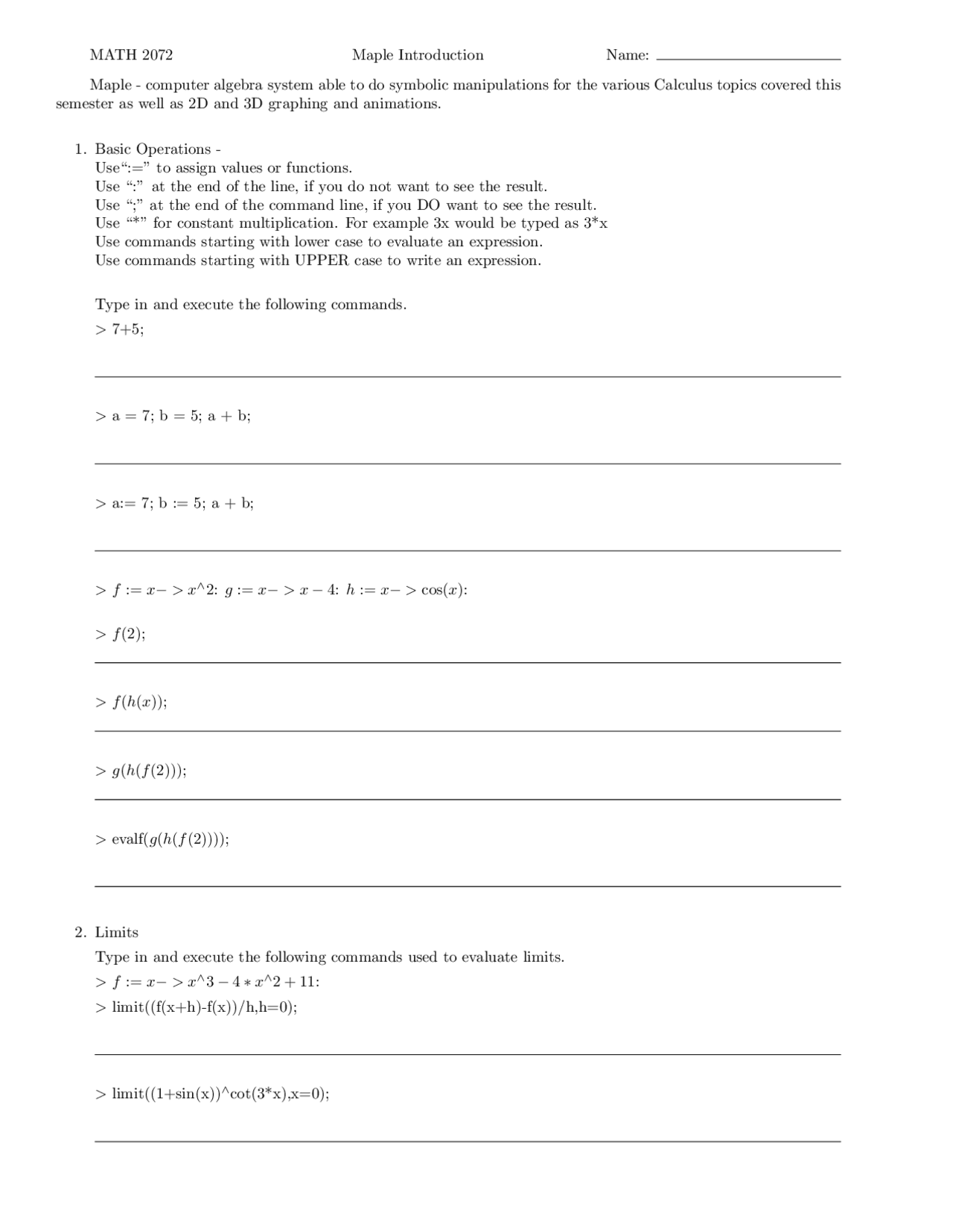 Maple Introduction Problems Calculus Ii Math 2072 Docsity