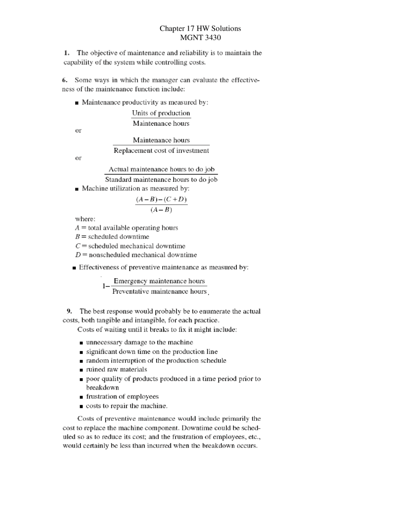 Homework 17 With Solution Operations Management Mgnt 3430 Docsity