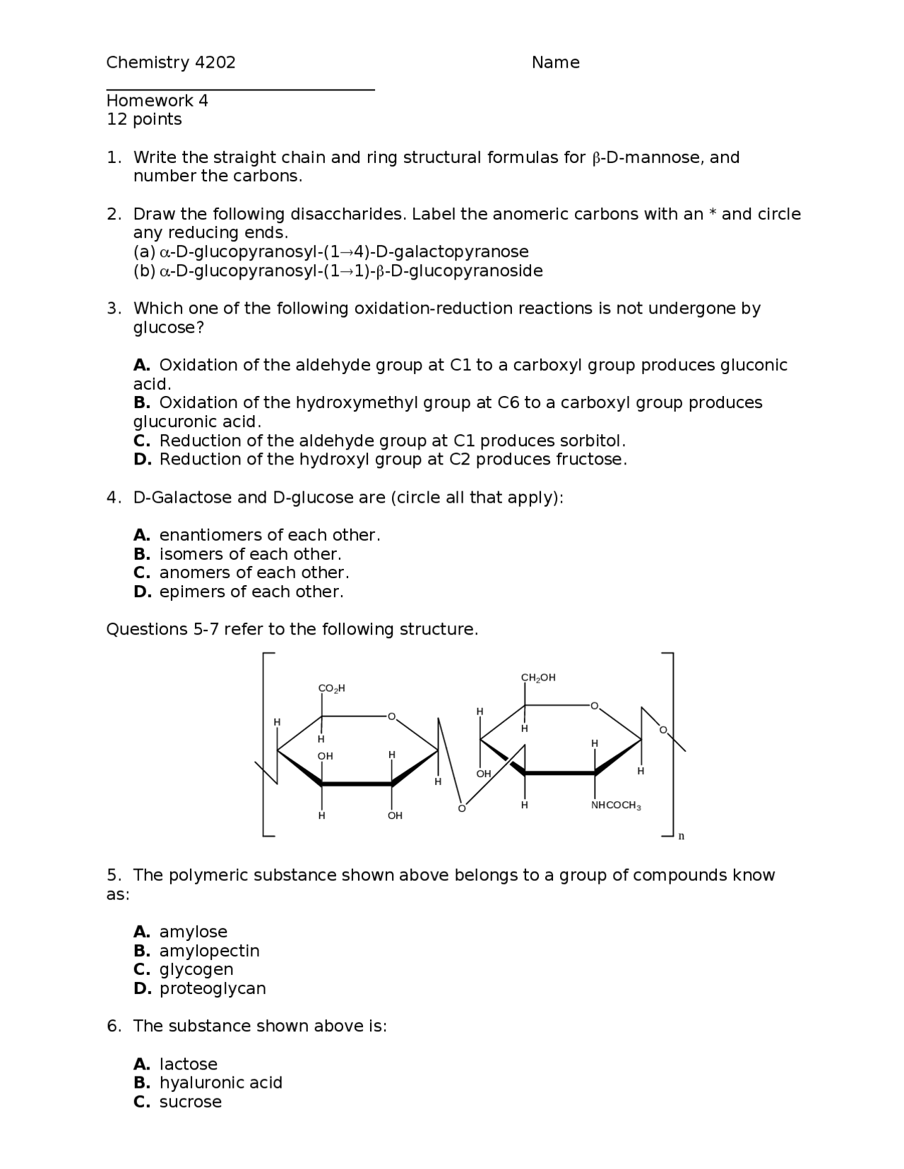 Homework 4 Questions Biochemistry I Chem 4202 Docsity