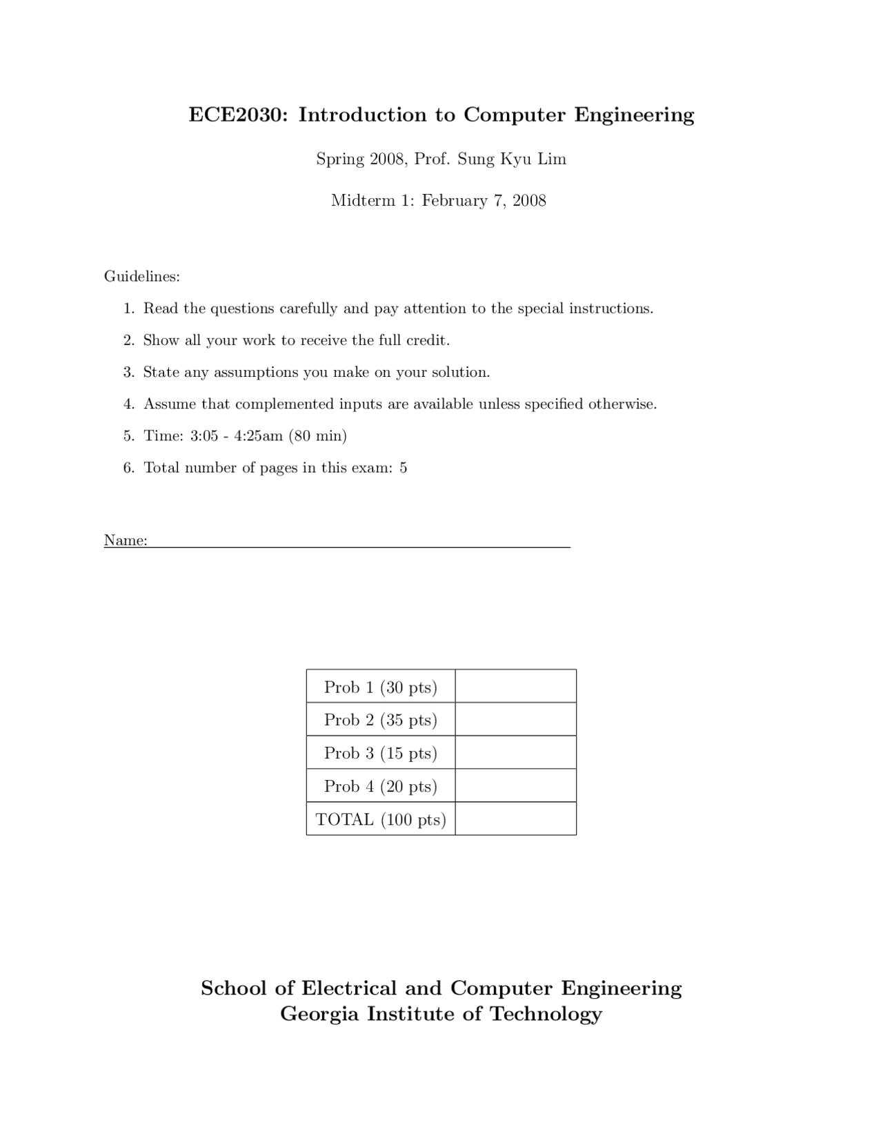 Midterm Exam 1 Questions Introduction To Computer Engineering Ece