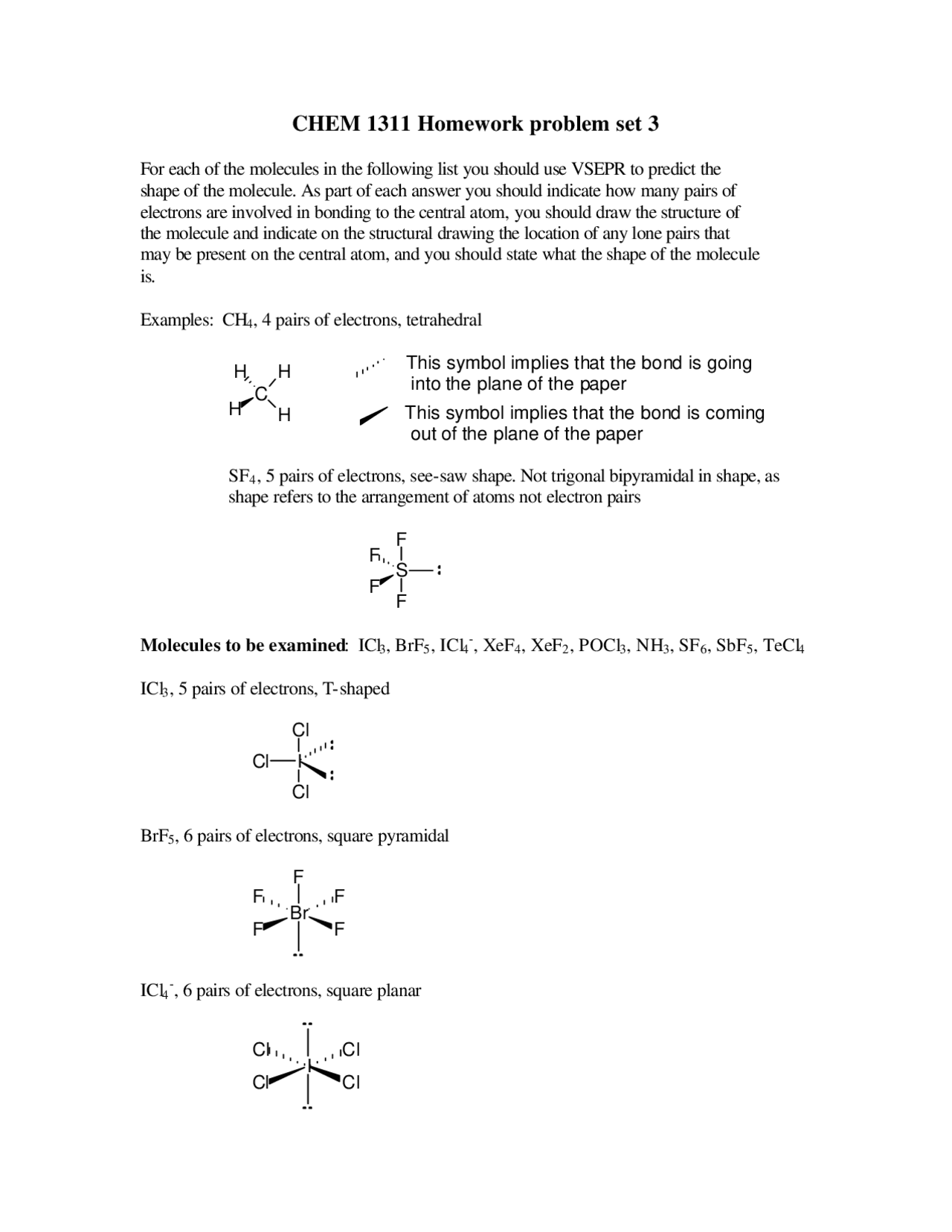 Homework Problem Set 3 On Inorganic Chemistry I Chem 1311 Docsity